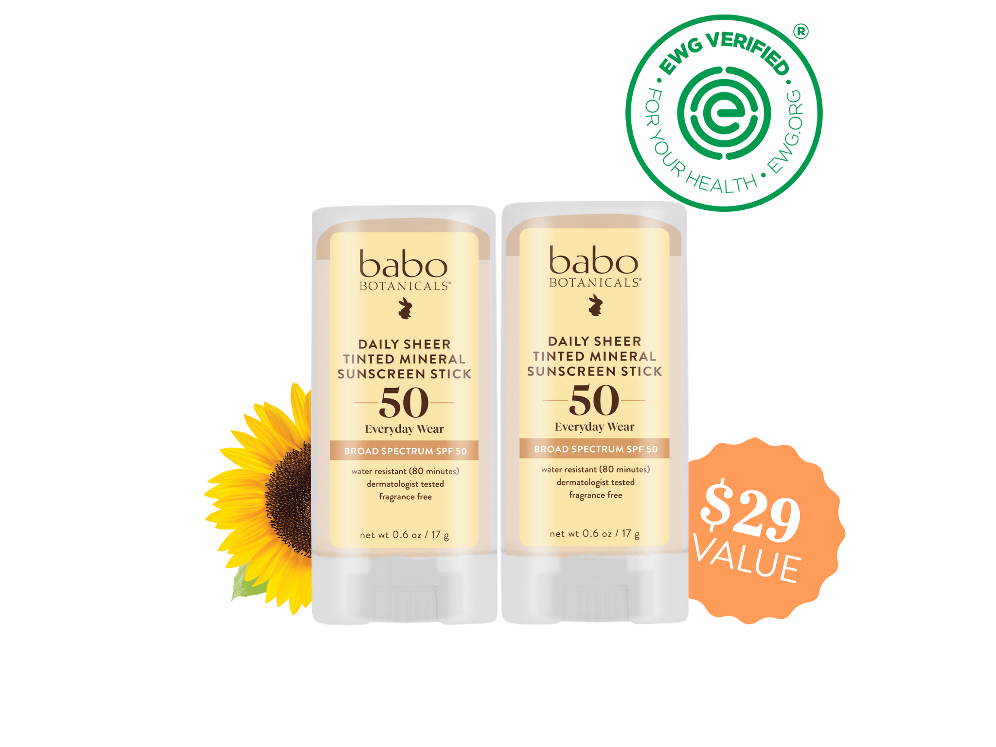 Daily Sheer Mineral Tinted Sunscreen Stick SPF50 Duo - Babo Botanicals